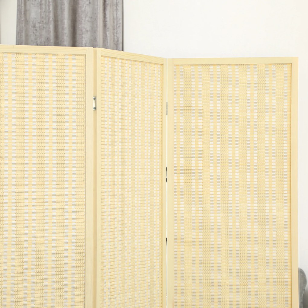 HOMCOM Interiérový dřevěný paravan 3 panely 135 x 180 cm Skladný rozdělovací separator pro obývací pokoj a ložnici, přírodní dřevo