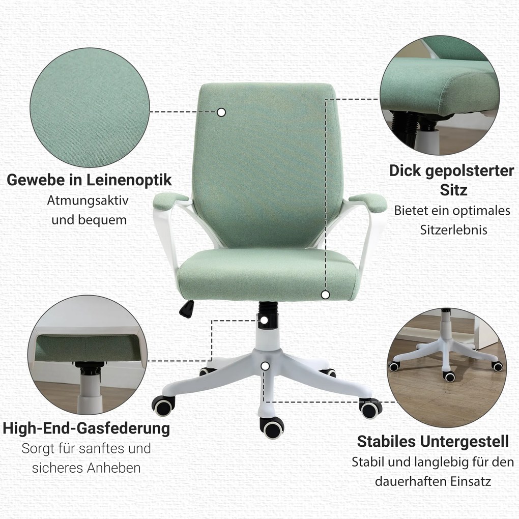 Kancelářská židle Vinsetto ergonomická s houpací funkcí čalouněná 360° otočná kolečka polyester zelená 62x69x92-100cm | Aosom.de