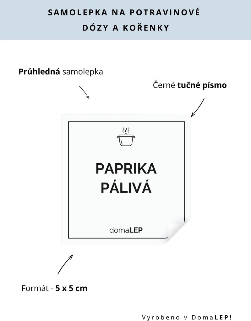 Samolepka na kořenky PAPRIKA PÁLIVÁ průhledná 5 × 5 cm tučné písmo