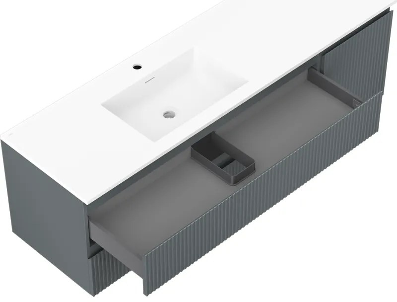 Mexen Rivel, koupelnová skříňka 160 cm s levým umyvadlem Otis, 2S, 1D, drážkovaná, grafitová/bílá matná, 91A23-16047-3-BBFFF66-W18L01