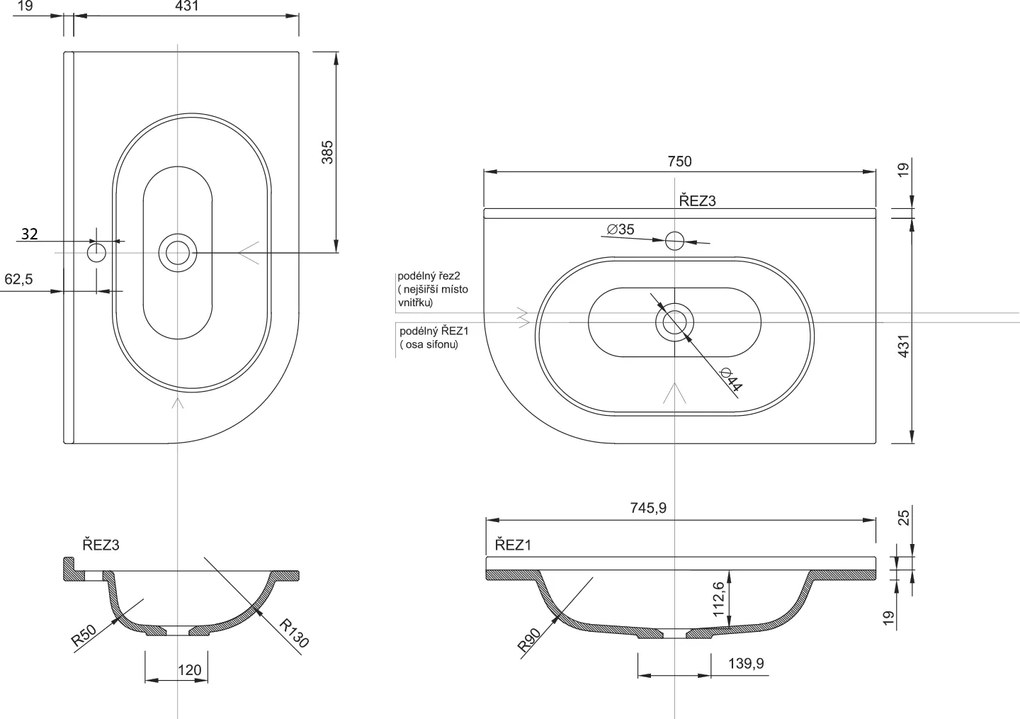 Sapho Sapho, PULSE litý mramor umyvadlo 75x45cm, pravé, bílé, BM658