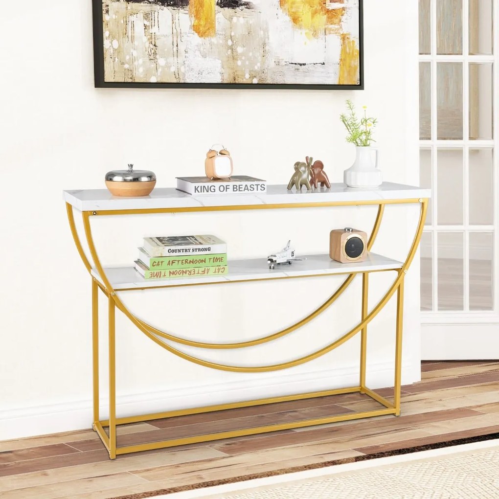 Costway Úzký konzolový stůl s mramorovou deskou 2 úrovně Sofa Table, bílý