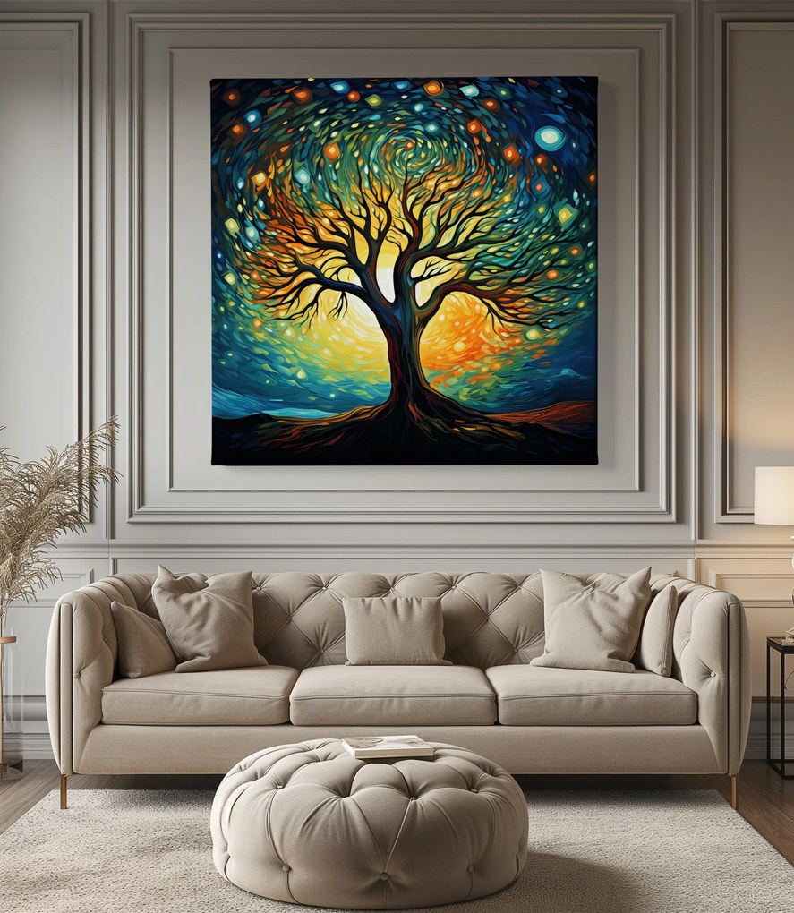 Obraz na plátně - Strom života barevné hvězdy FeelHappy.cz Velikost obrazu: 140 x 140 cm