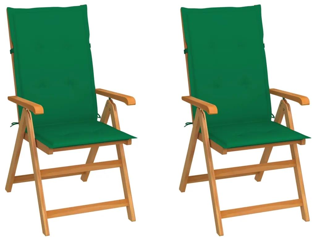 3062381 vidaXL Zahradní židle 2 ks se zelenými poduškami masivní teak