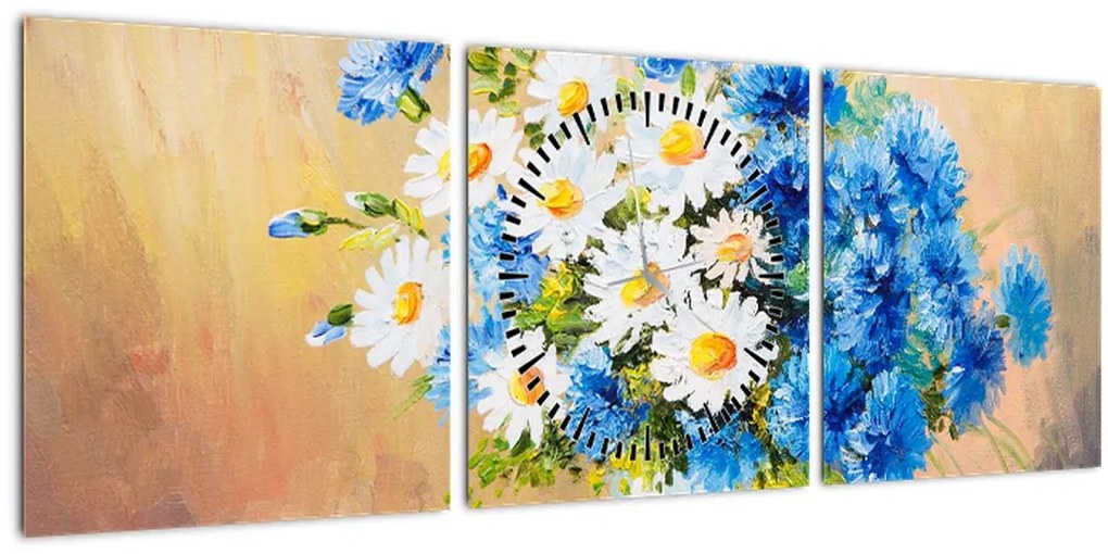 Malovaný obraz vázy květin (s hodinami) (90x30 cm)