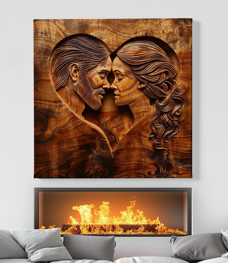 Obraz na plátně - Zamilovaný pár v srdečném spojení, dřevo styl FeelHappy.cz Velikost obrazu: 120 x 120 cm