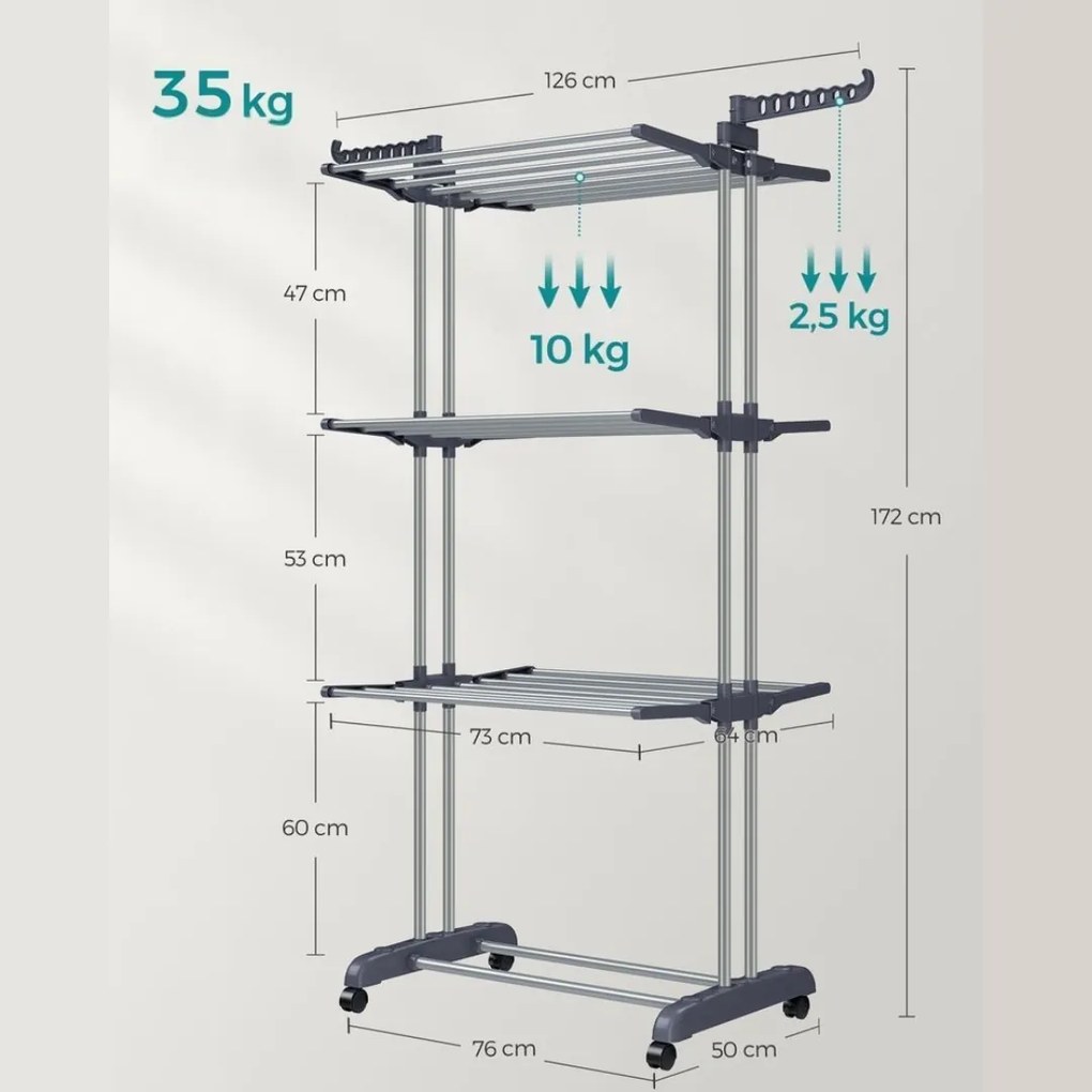 Sušák na prádlo ELTON se 4 úrovněmi na kolečkách, 76×172×50 cm, šedý SongmicsHome