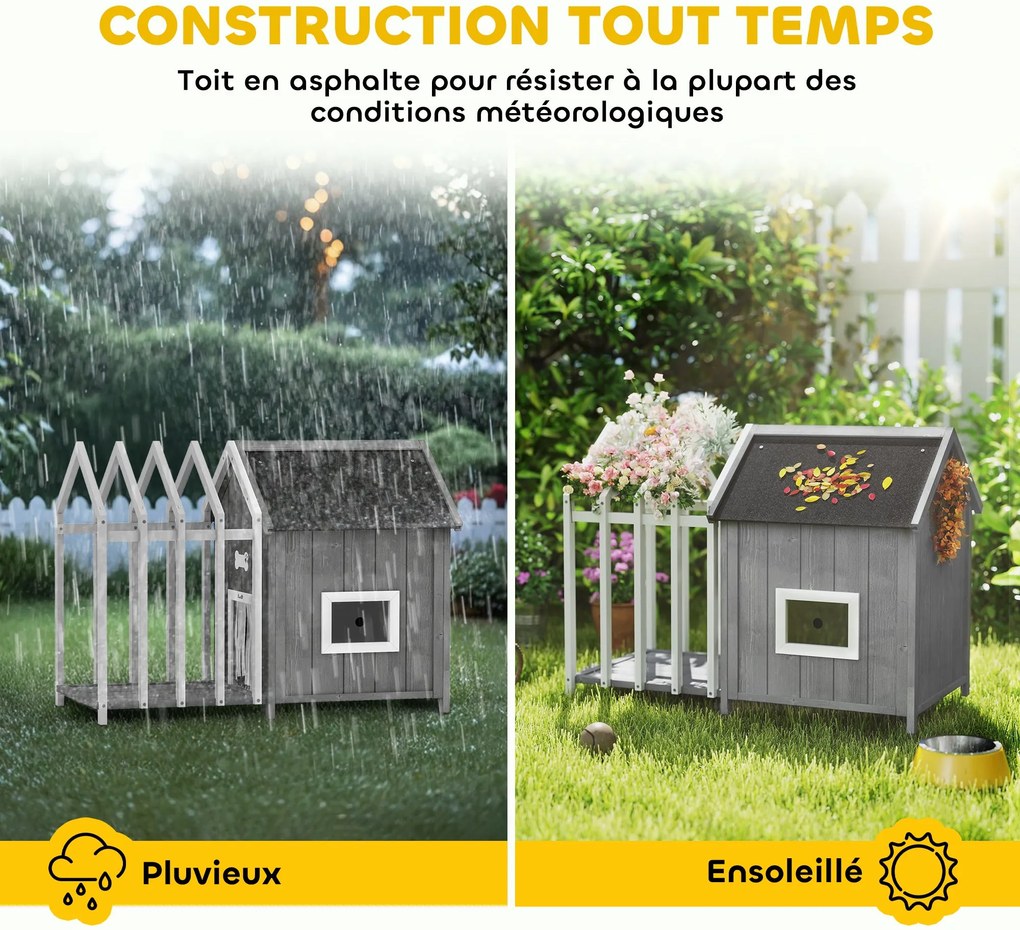 PawHut Dřevěný Psí Domek s Terasou a Zábradlím, Venkovní Psí Domeček se Skluzdoor a Špičatou Bitumenovou Střechou, pro Zahradu, Dvůr, Verandu, Patio,…