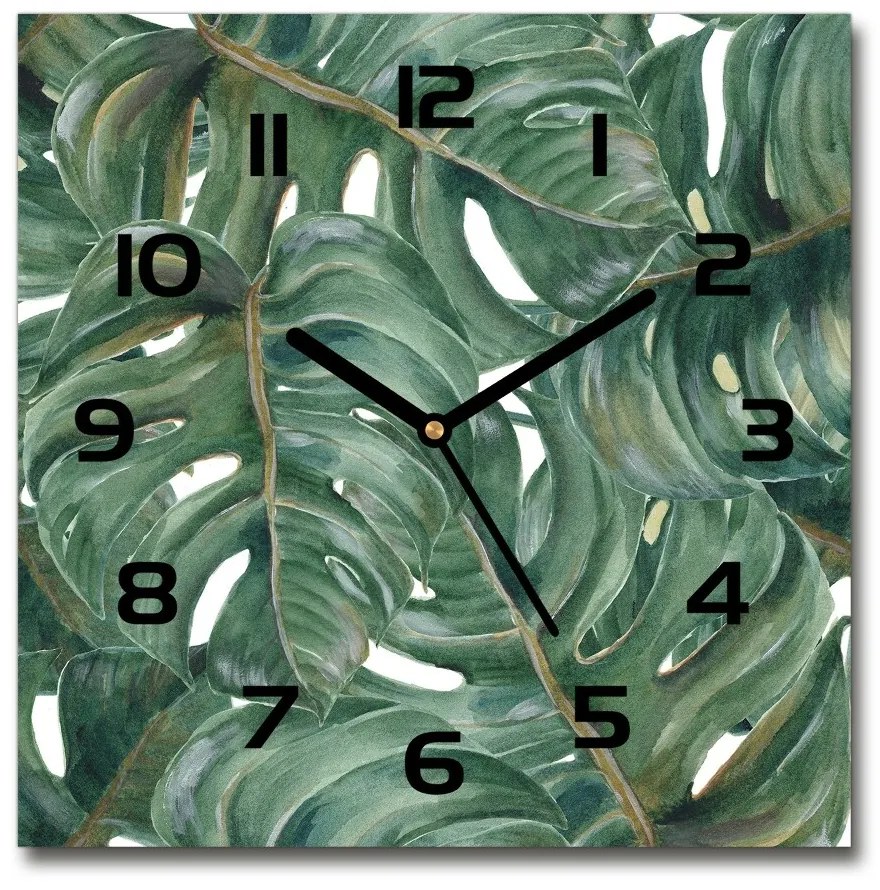 Wallmuralia Skleněné nástěnné hodiny čtverec Monstera 30x30 cm