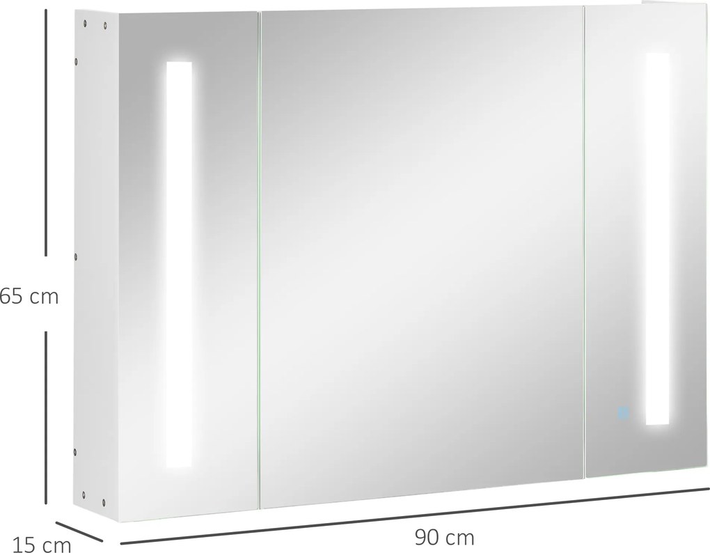 kleankin Zrcadlová skříňka 3 zrcadlová dvířka LED světla 90 × 15 × 65 cm bílá