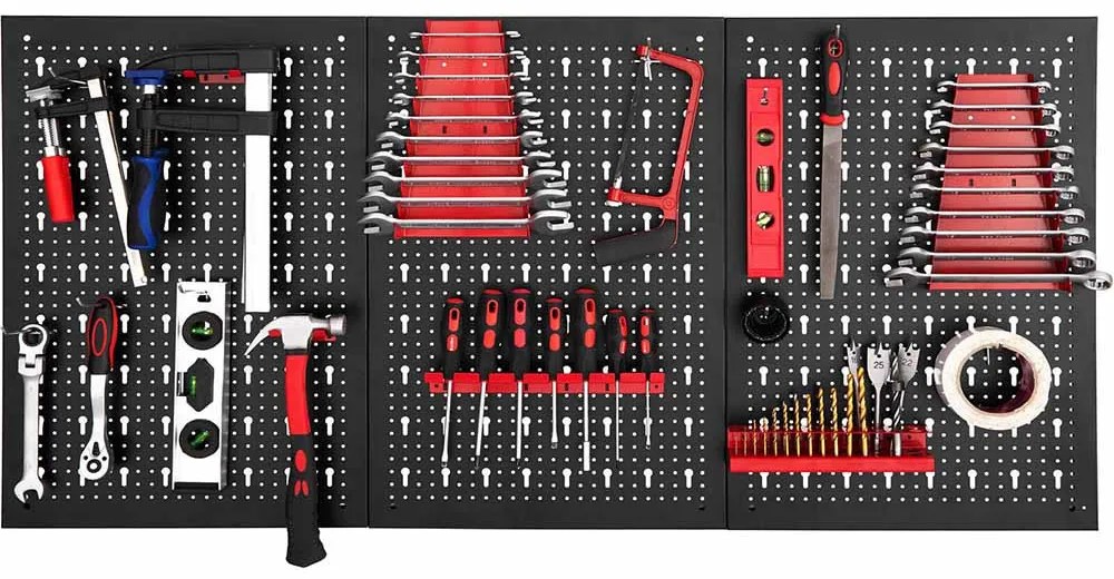 Kovový nástěnný organizér na nářadí s háčky a úložným prostorem