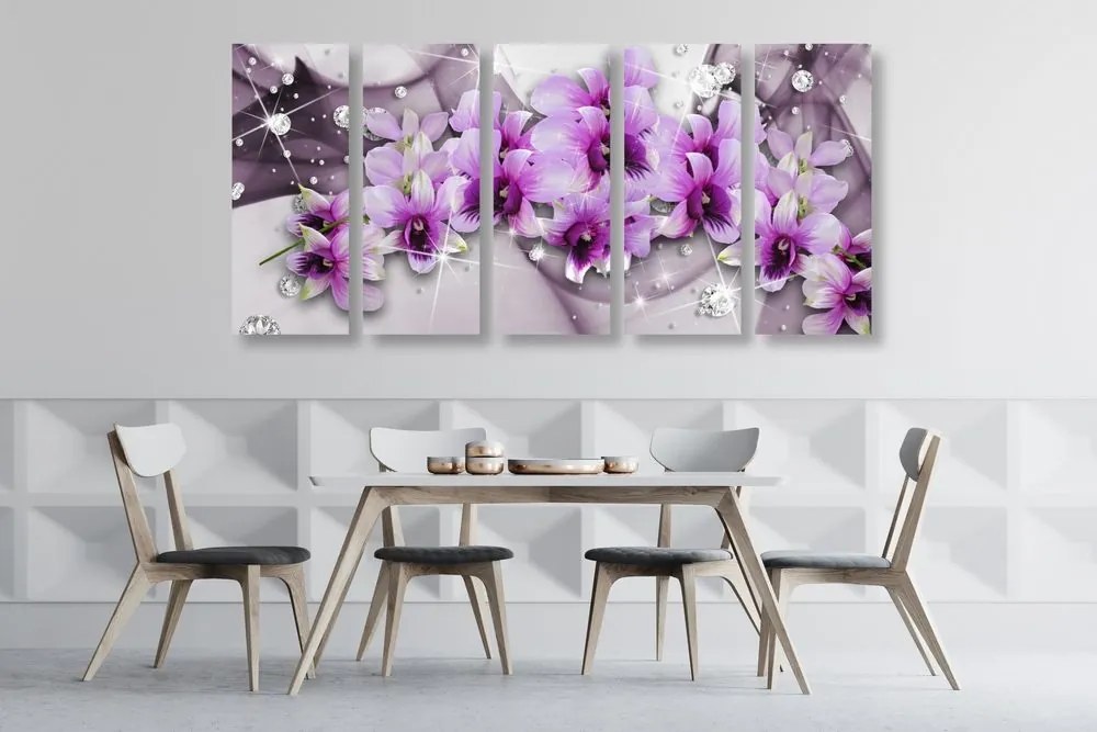 5-dílný obraz fialové květy na abstraktním pozadí - 100x50 cm