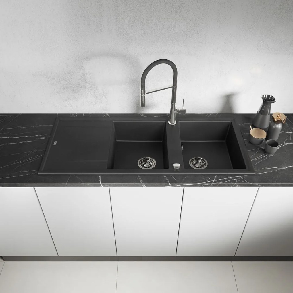 Laveo Megalo, 2-komorový granitový dřez 1160x500x185 mm s dlouhým odkapávačem, černá, LAV-SBE_721T