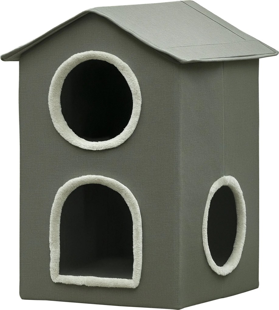 PawHut dvouúrovňový kočičí domek s pratelnými polštářky 3 vchody, 42x46x59,5 cm, šedý | Aosom
