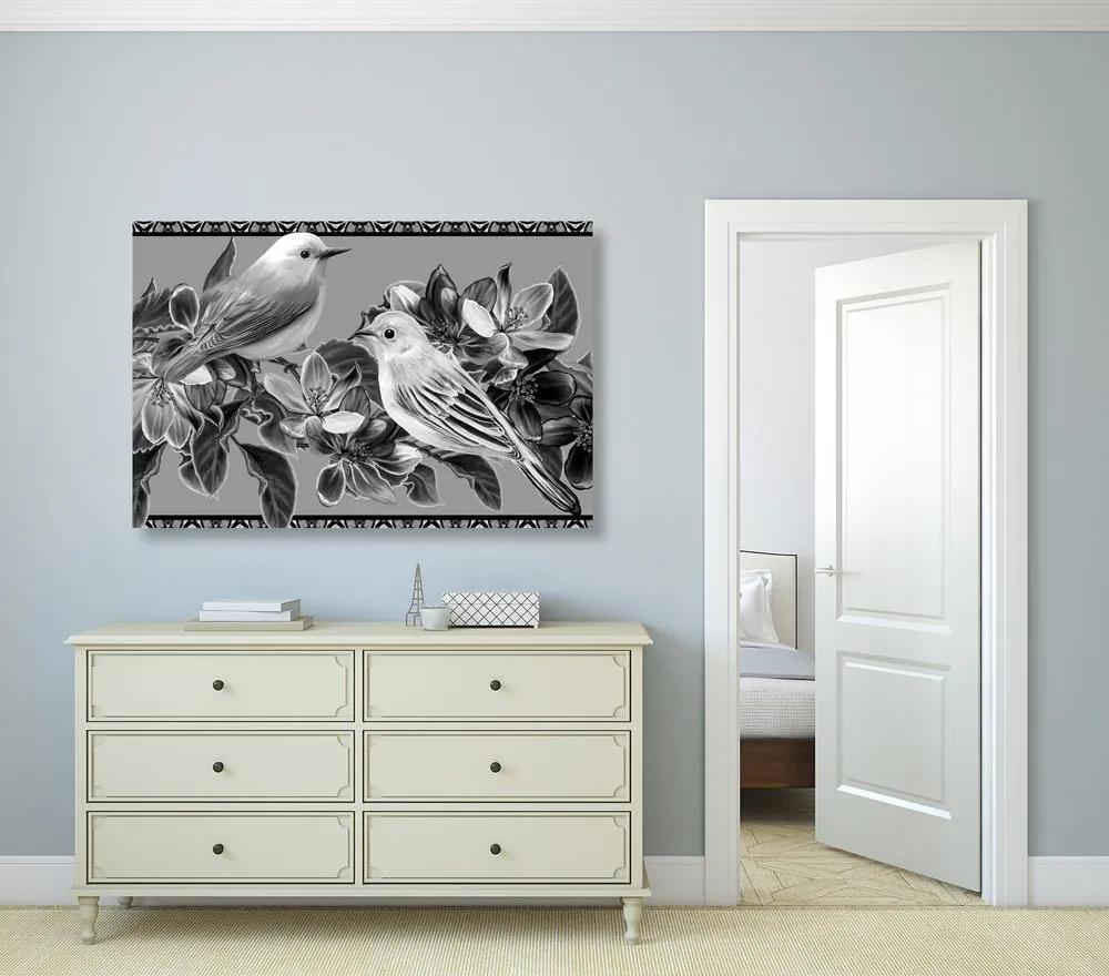 Obraz černobílé ptáčky a květiny ve vintage provedení