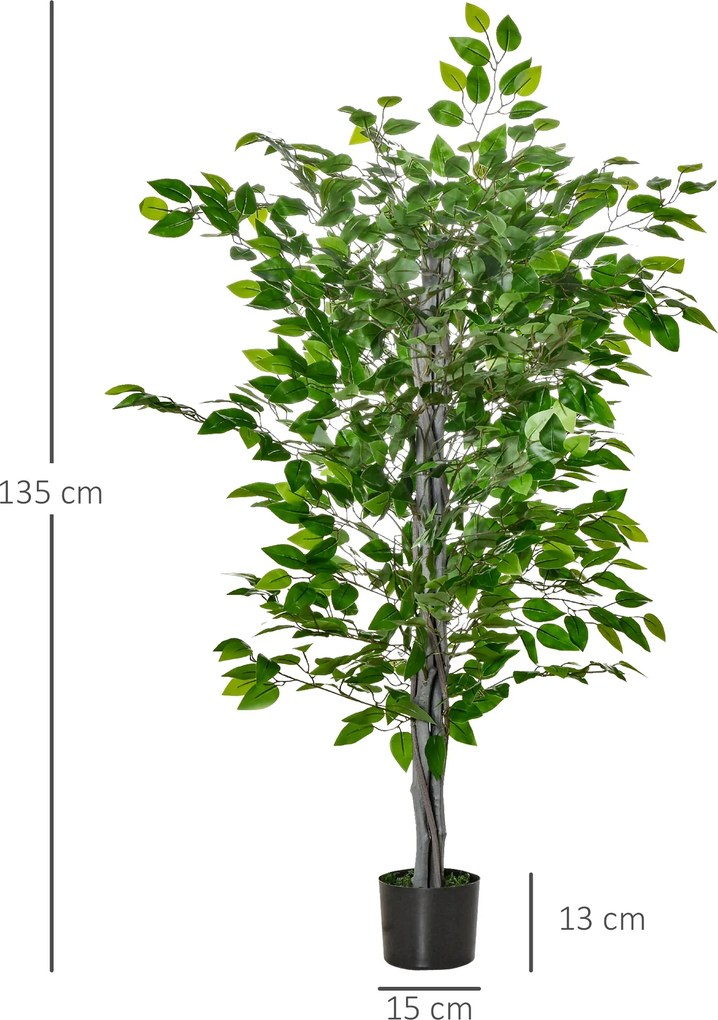HOMCOM Velký umělý fikusový strom 135 cm, umělé rostliny v květináči, realistický umělý strom se cementem, umělá tráva pro obývací pokoj, ložnici, ka…