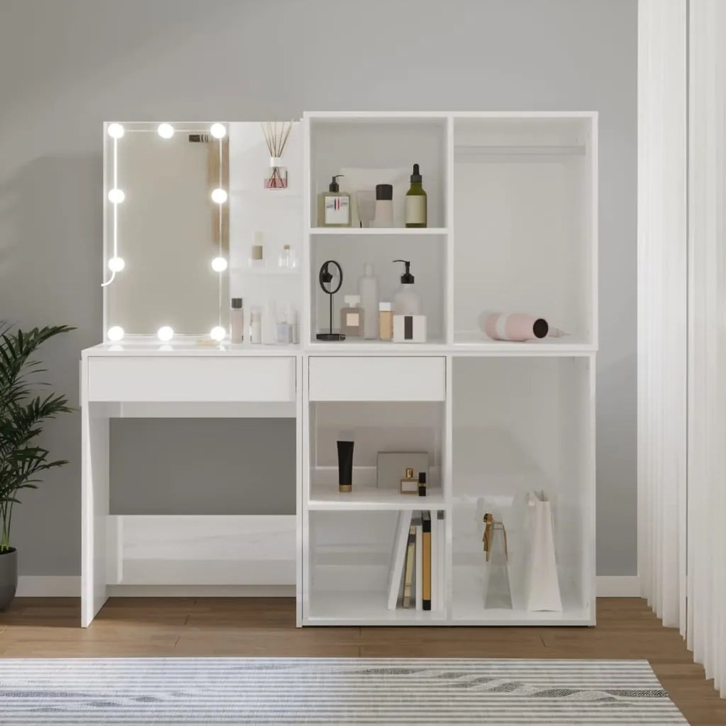 Led Toaletní Stolek Se 2 Skříňkami Lesklý Bílý Kompozitní Dřevo