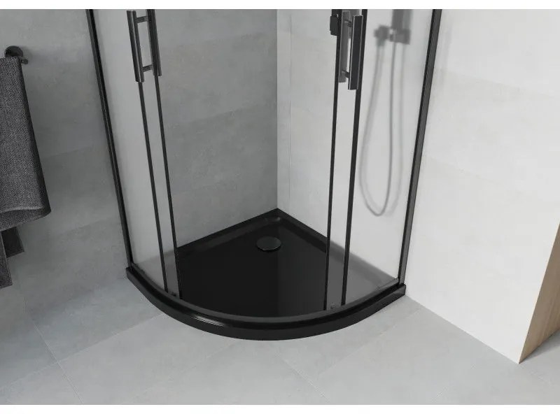 Mexen Rio, čtvrtkruhový sprchový kout 90(dveře)x90(dveře)x190 cm, 5mm sklo námraza, černý profil + černá sprchová vanička SLIM, 863-090-090-70-30-4170B
