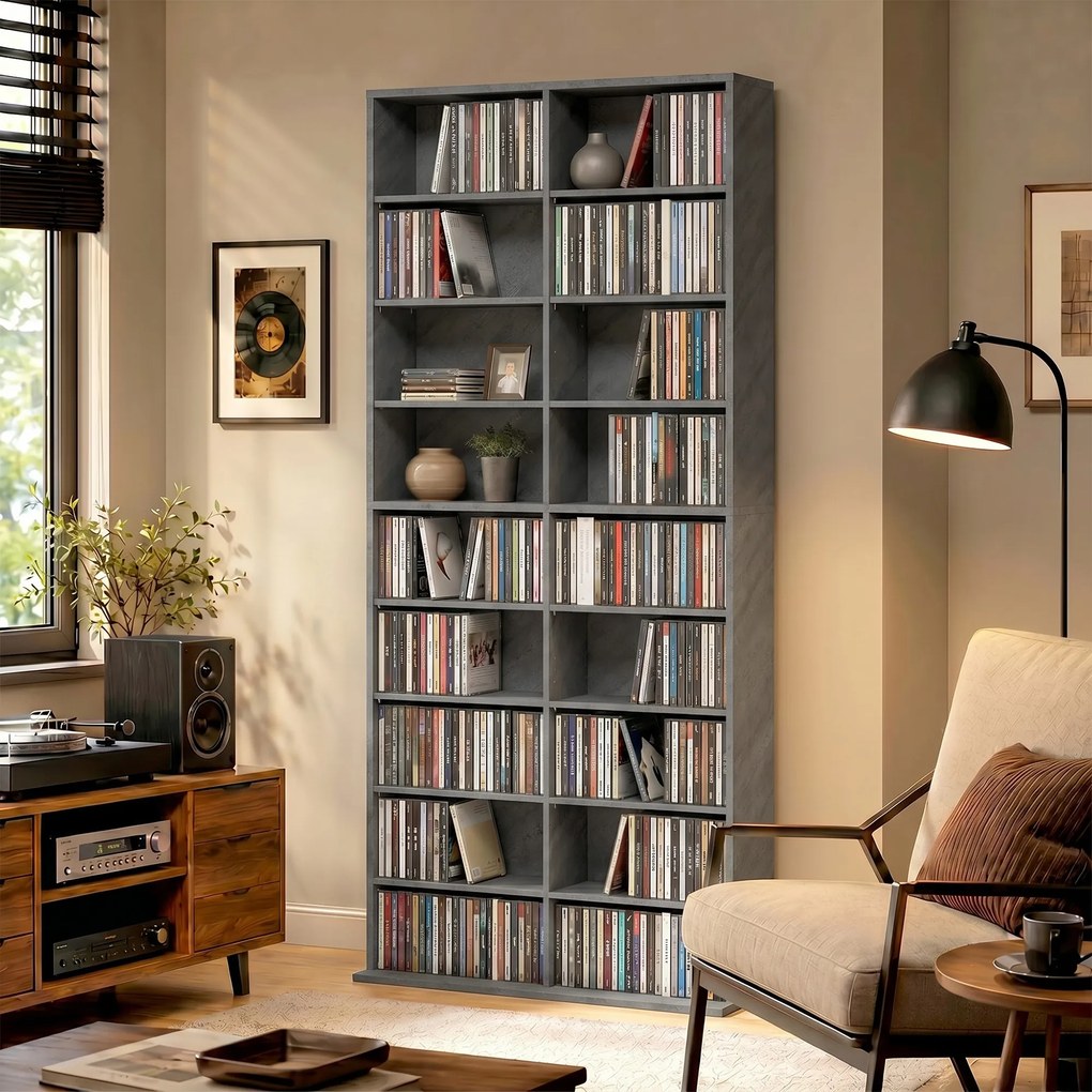 HOMCOM úložný stojan na CD a DVD 18 přihrádek, maximální kapacita 640 CD/360 DVD 430 Blu-ray, 78,5 x 24 x 175 cm, světle šedý