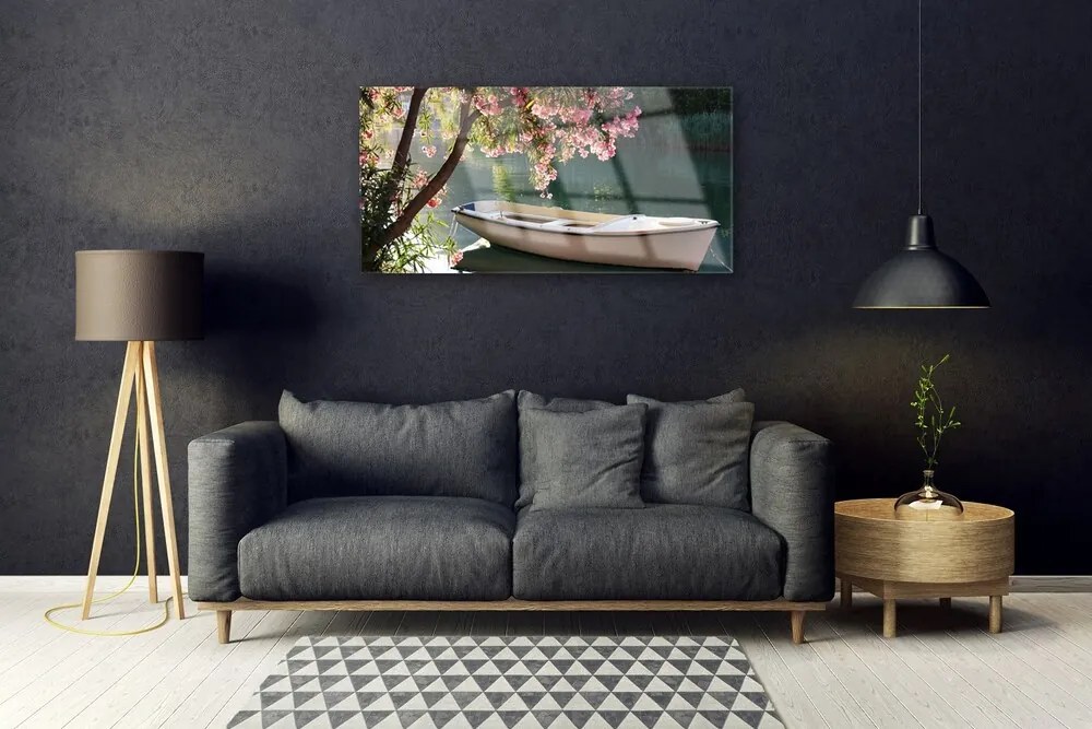 Obraz na skle Loďka Strom Krajina 125x50 cm