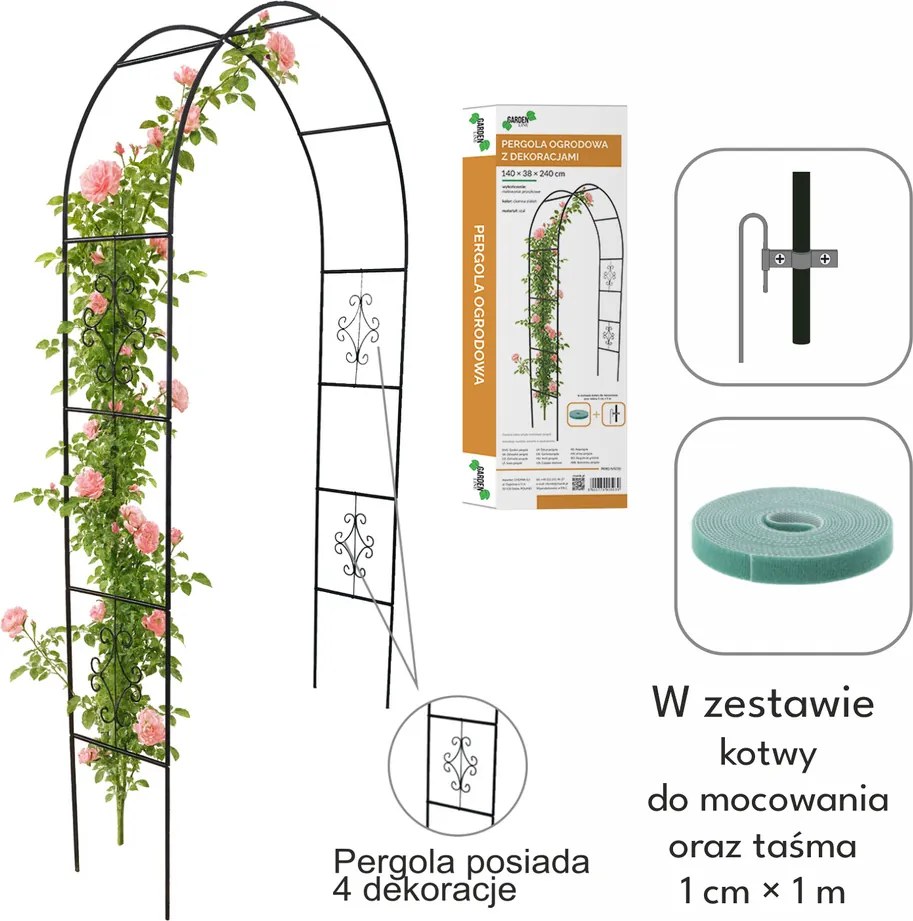 Creative Corner Zahradní pergola kovový oblouk držák pro růže květiny popínavé 240cm zelená