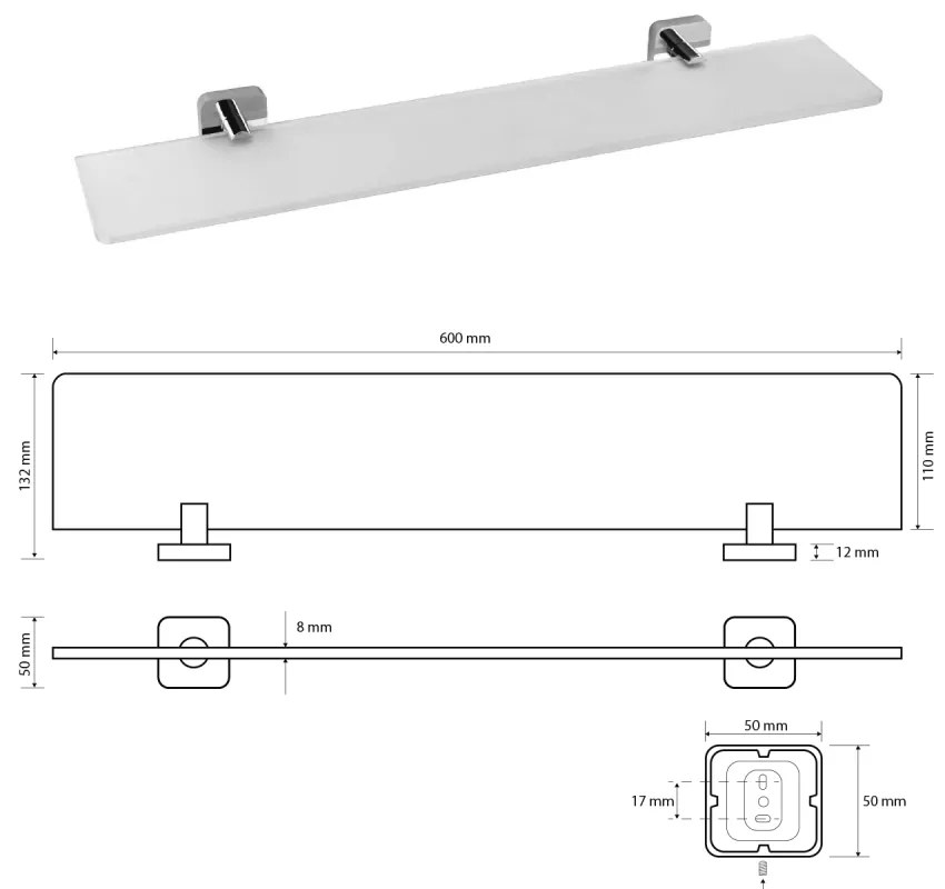 Sapho INSIA polička skleněná 600x50x132mm, chrom IS015