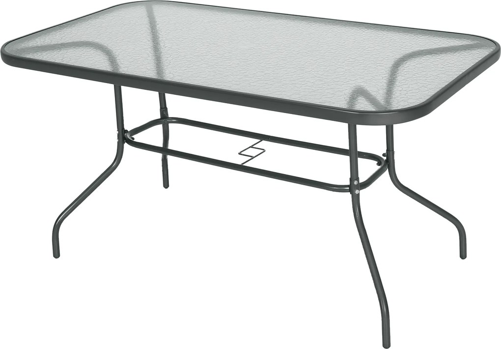 Outsunny Obdélníkový Zahradní Stůl s Zakřivenými Kovovými Okraji a Otvorem pro Slunečník, Temperované Sklo 70kg Kapacita 140x80x70 cm Tmavě Šedá