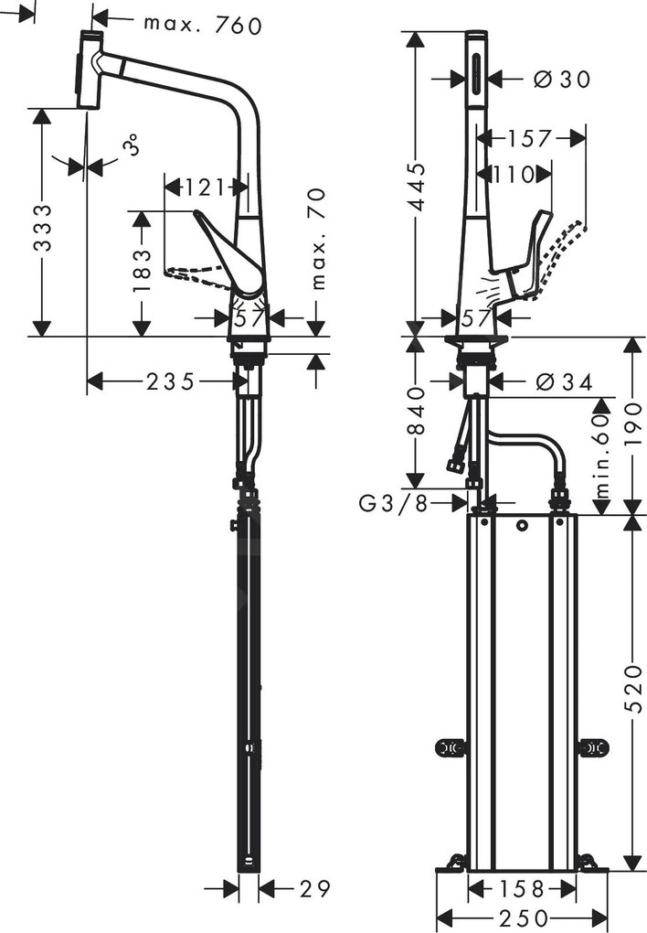 Hansgrohe M71, dřezová baterie M7117-H320 s výsuvnou sprškou, sBOX, vzhled nerezavějící oceli 73816800
