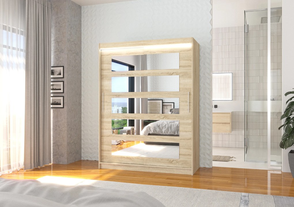 ADRK Furniture Posuvná skříň se zrcadlem a LED osvětlením MURANI 150 SW-MUR-S-150+L-V147