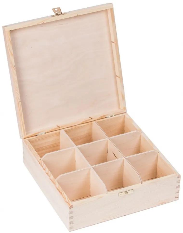 FK Dřevěná krabička na čaj s přihrádkami, se zámkem - 23x23x9 cm, Přírodní