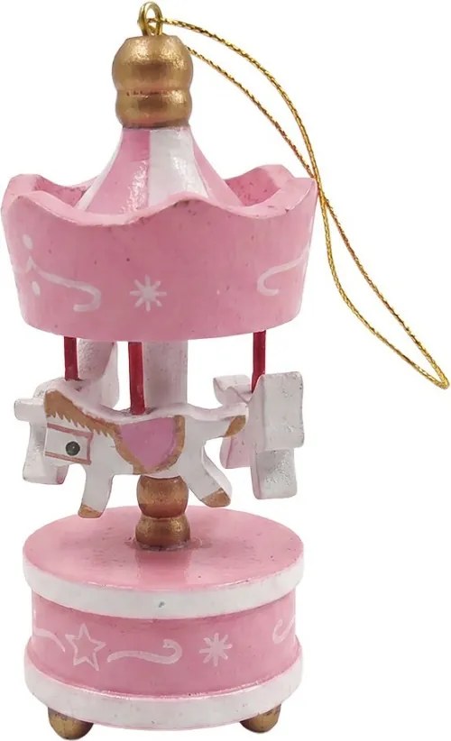 Set 6ks růžová vánoční dřevěná ozdoba kolotoč s koníky - 6*1*18 cm
