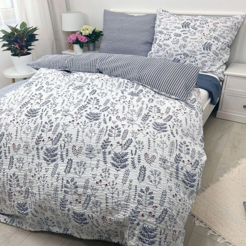 Krepové povlečení Herbář Modrý oboustranný Zapínání: knoflík, Velikost polštáře: 70x90, Velikost přikrývky: 140x260