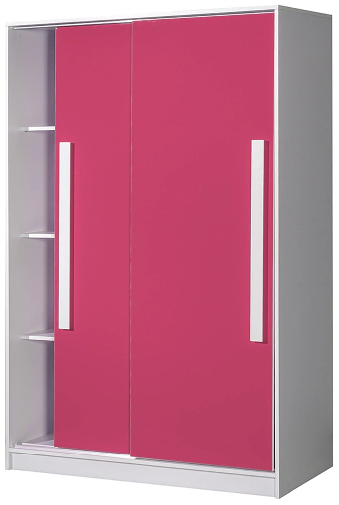Šatní skříň s posuvnými dveřmi GULIVER 12 Domel 120/191/60 barva: bílý mat/růžový lesk/šedé úchyty