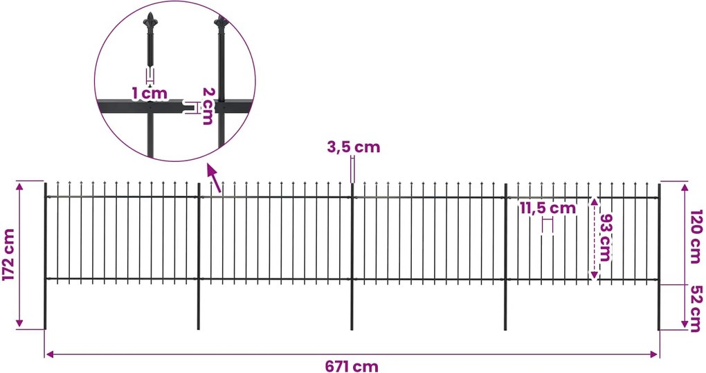 Zahradní plot s kopím nahoře ocelový 671 x 120 cm černý 277623