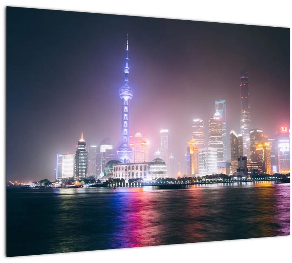 Skleněný obraz nočního Šanghaje (70x50 cm)