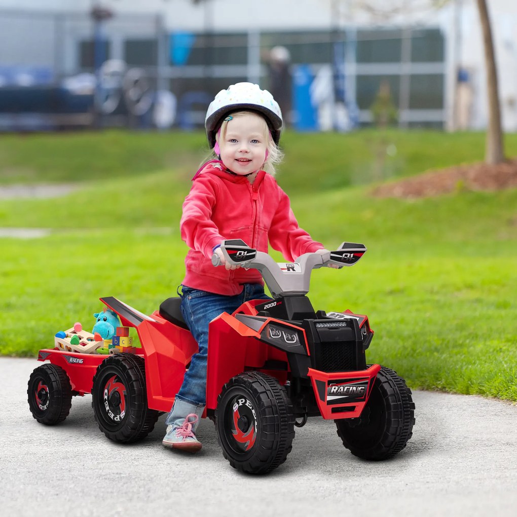 HOMCOM Prodám elektrickou čtyřkolku, s přívěsem, rychlost vpřed a vzad, oděruvzdorná kola, kovová, pro 1,5-3 roky, nosnost 25 kg, červená