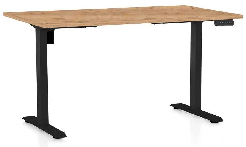 Výškově nastavitelný stůl OfficeTech B, 140 x 80 cm, černá podnož, dub kraft