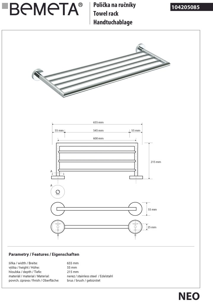 Bemeta Design NEO: Držák ručníků, 600 mm - 104205085