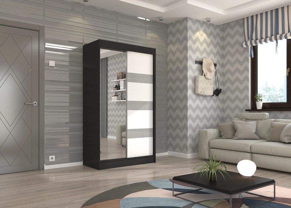 ADRK Furniture Posuvná skříň se zrcadlem a lacobelem TOURA 120 SW-TOU-B+W+GL-120+A526
