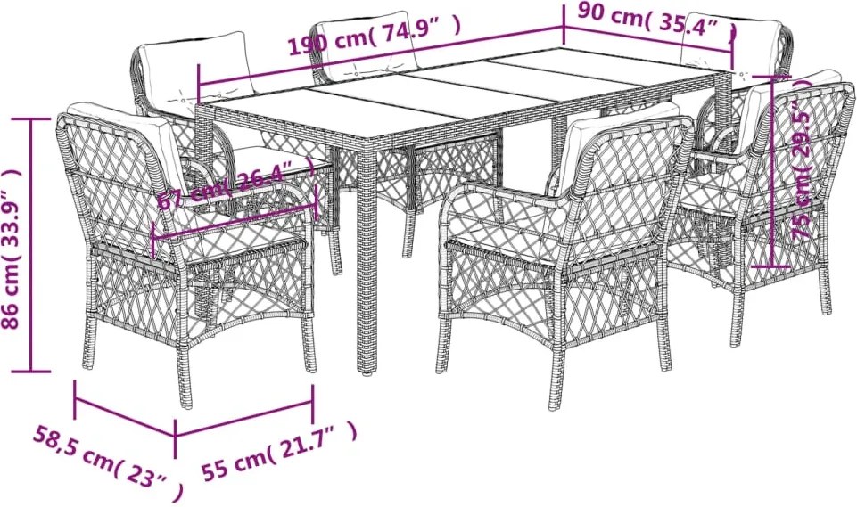 7dílný zahradní jídelní set s poduškami černý polyratan 3212022