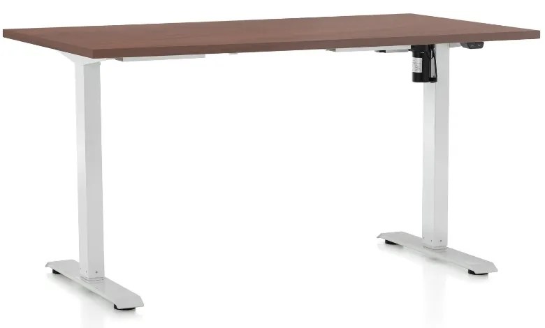 Výškově nastavitelný stůl OfficeTech A, 140 x 80 cm, bílá podnož, ořech