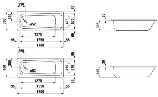 Laufen Moderna Plus Vana ocelová 170x70 cm, bez noh, bílá H2251200000401