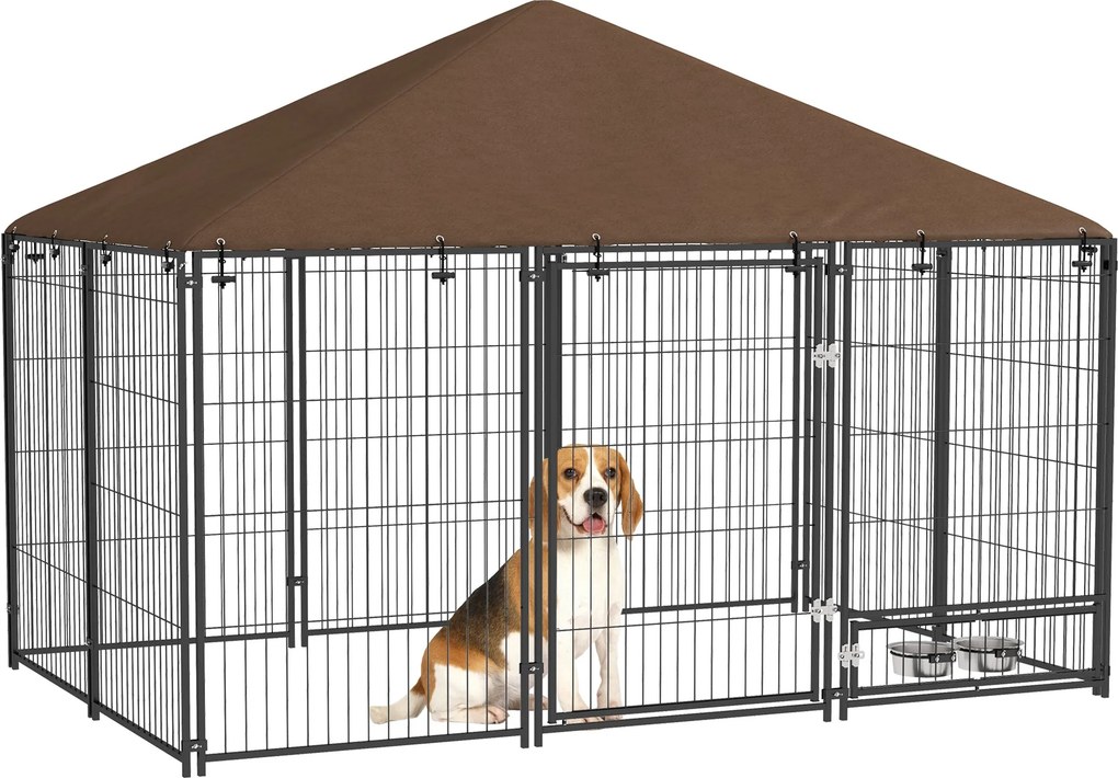 PawHut Kovový Psí Výběh s Krytem a Otáčivými Mísami pro Krmení 2 Mísy 211x141x151 cm Černá | Aosom