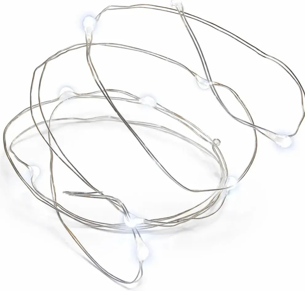 LED světýlka na baterie, kapičky, 5 m, ledově bílá, 50 diod, drátek, IP20 interiér, 3 × AA