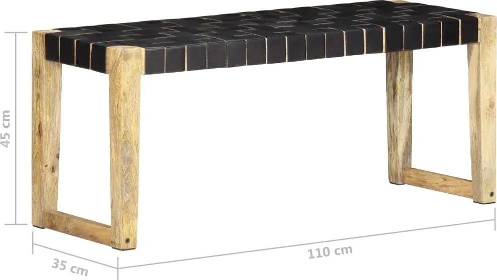 vidaXL Lavice 110 cm pravá kůže a masivní mangovníkové dřevo [321838] Barva: Černá