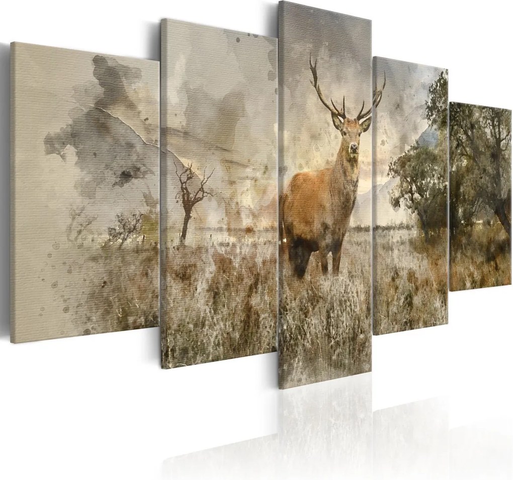 Pětidílný obraz - jelen na poli (220x110 cm) - Murando DeLuxe