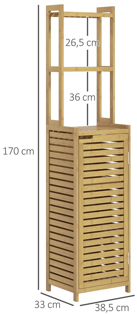 HOMCOM Bambusová koupelnová skříňka s přihrádkami a 3 otevřenými přihrádkami, ochrana proti překlopení, přírodní dřevo pro moderní koupelny | Aosom.de