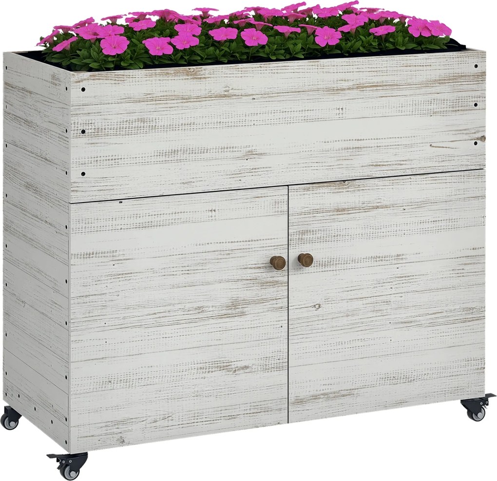 Dřevěný vyvýšený záhon Outsunny s ukládacím prostorem a kolečky, květinový box s fleecem pro zahradu a balkón, 110 x 50 x 95 cm, Bílý | Aosom