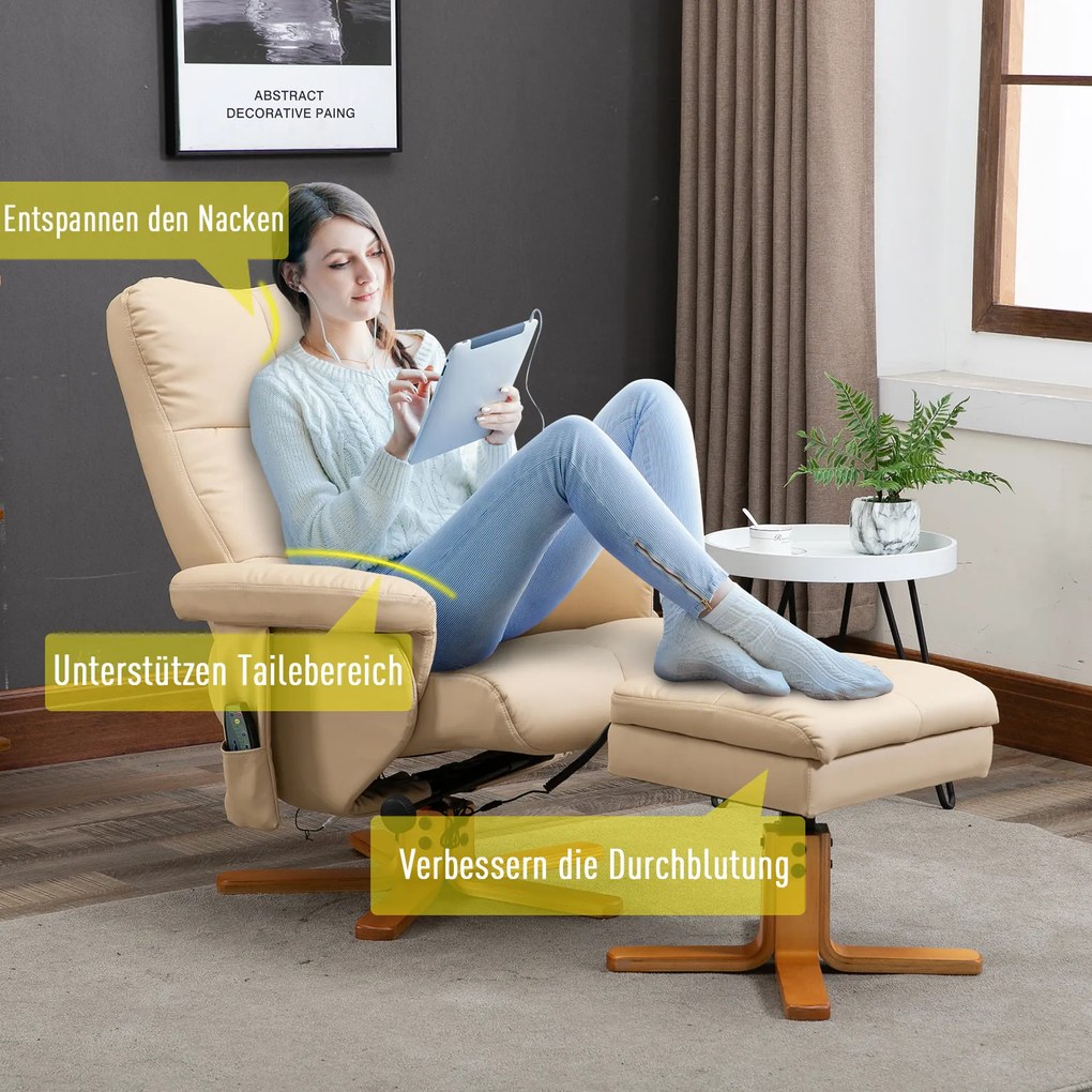 HOMCOM polohovací masážní křeslo s podnožkou úložný prostor polohovací funkce TV křeslo s masážní funkcí TV křeslo 145° náklon polyester krémová bílá…