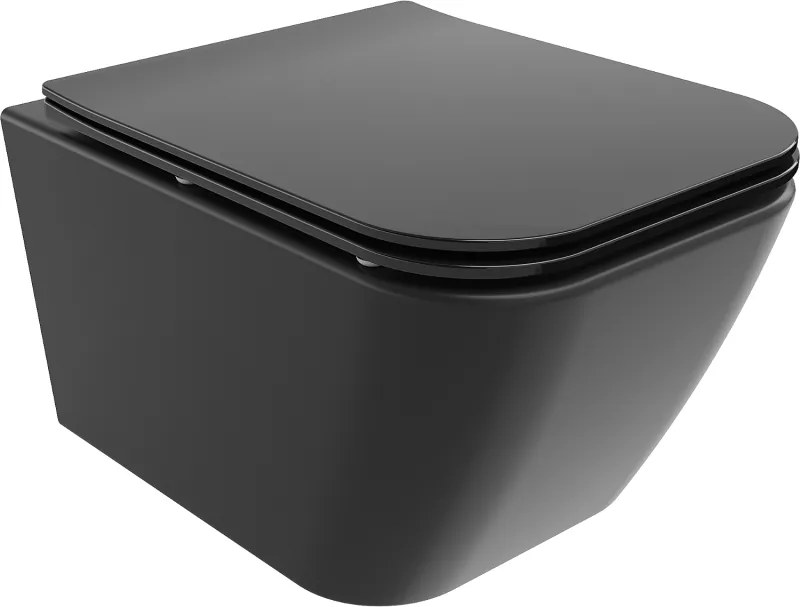 Mexen Madox, Rimless závěsná wc mísa 515x365x350 mm s pomalu padajícím sedátkem SLIM z duroplastu, černá matná, 30154070